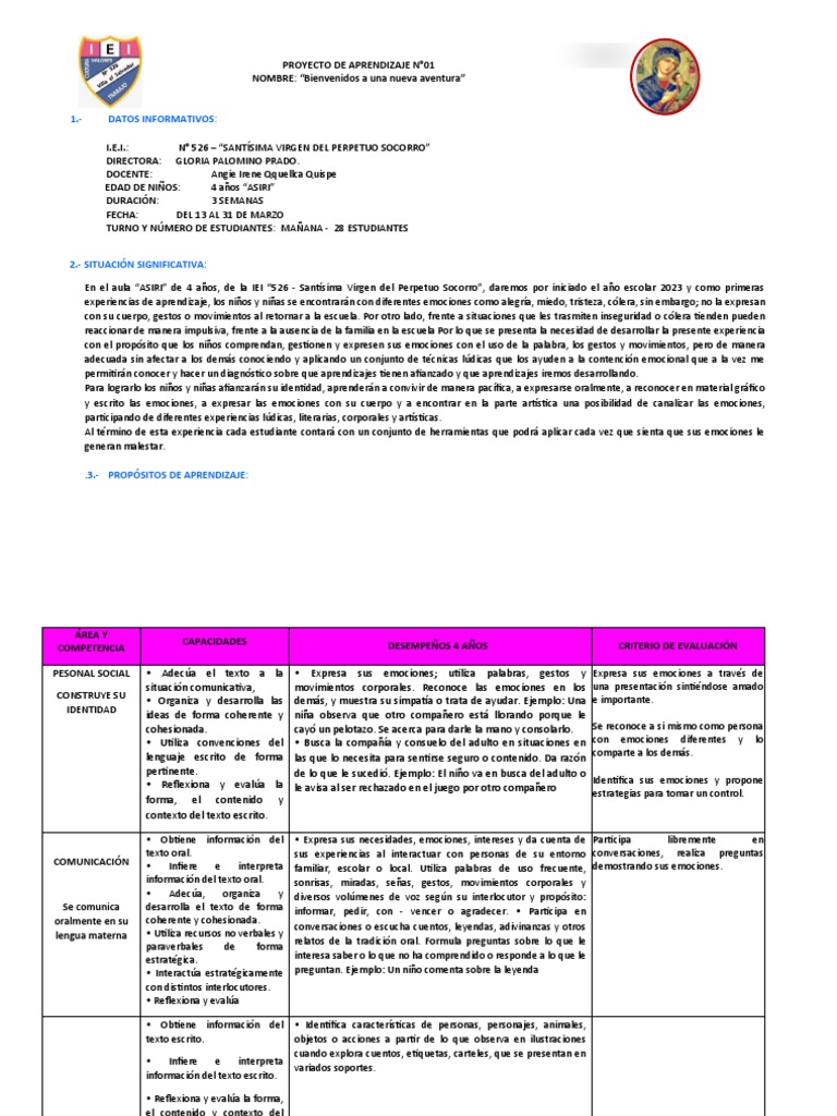 Proyecto de Aprendizaje N°01 NOMBRE: "Bienvenidos A Una Nueva Aventura" | Descargar gratis PDF ...