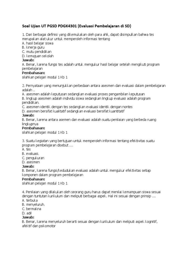 Soal Ujian UT PGSD PDGK4301 | PDF