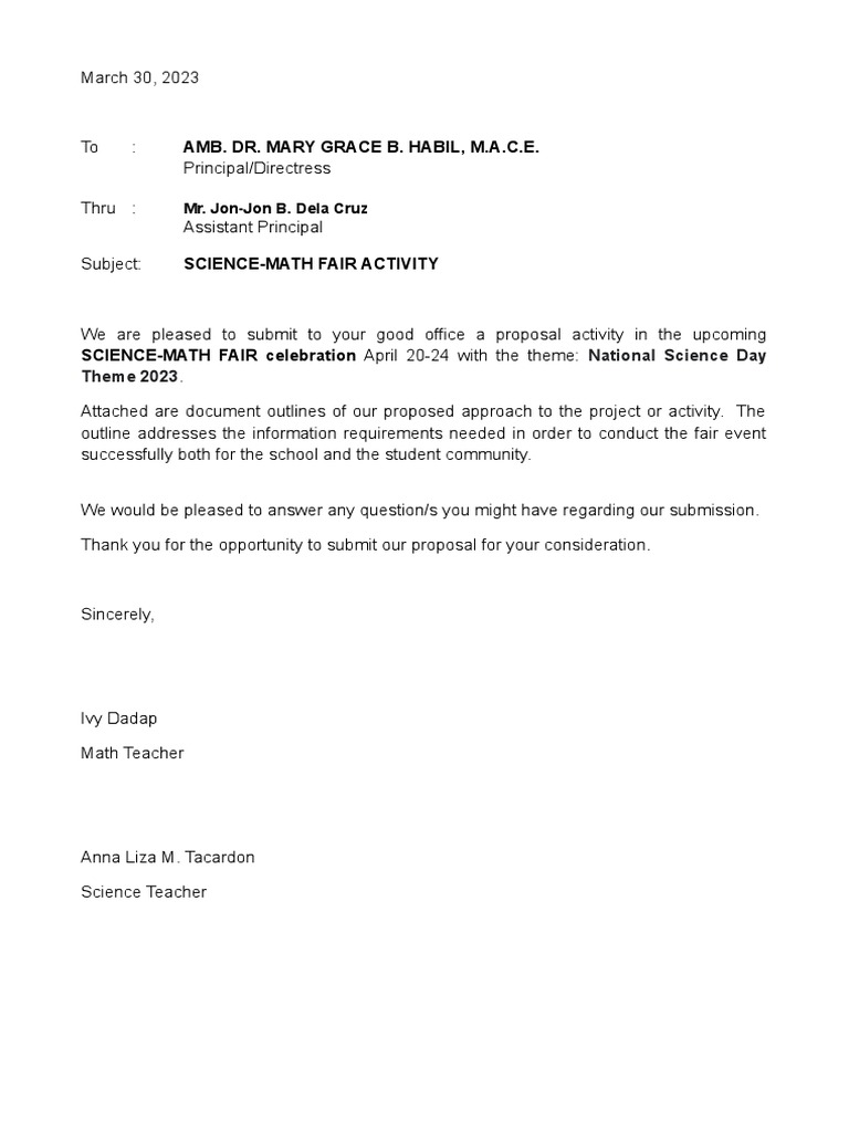 PROPOSALletter-SCIENCE&MATH FAIR2023 | PDF | Science