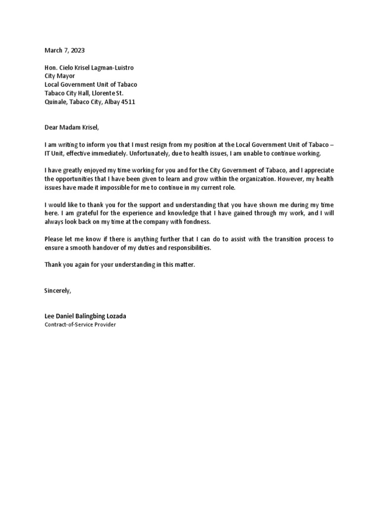 Resignation Letter for LGU Employee | PDF