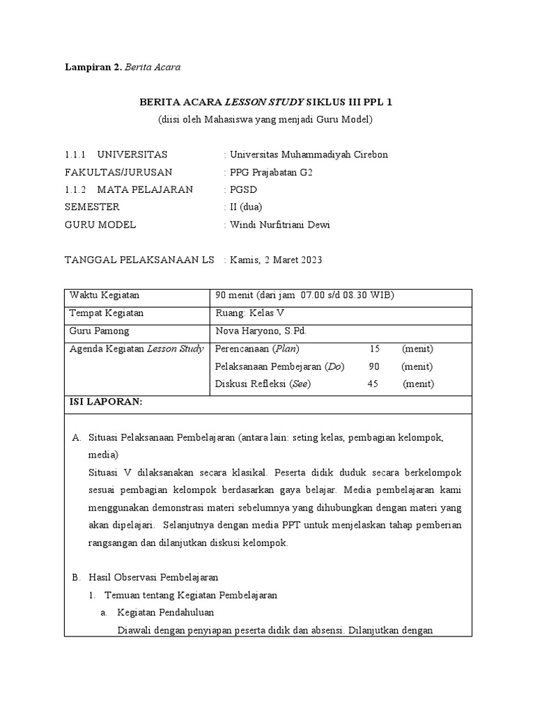 Lampiran 2. Berita Acara Berita Acara Lesson Study Siklus Iii PPL 1 | PDF