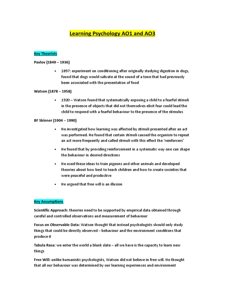 Learning Psychology AO1 and AO3 1 | PDF | Classical Conditioning ...