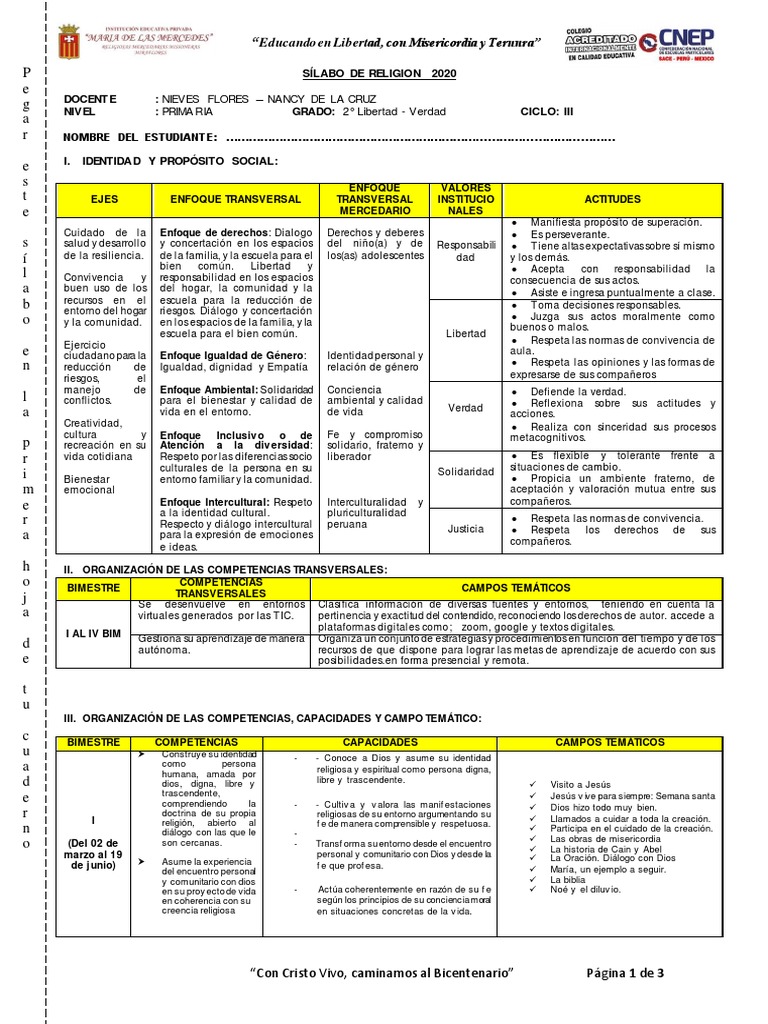 Sílabo Según RVM 093 2020 AREA DE RELIGION 2DO GRADO LV | PDF | Dios ...