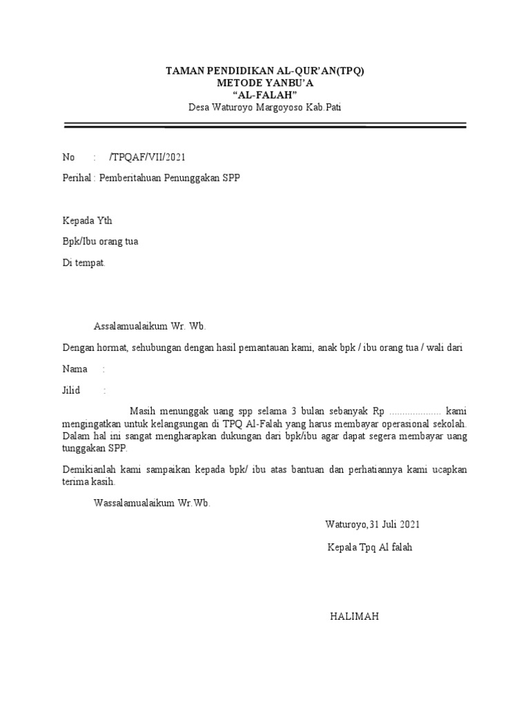 Surat Penagihan SPP TPQ | PDF