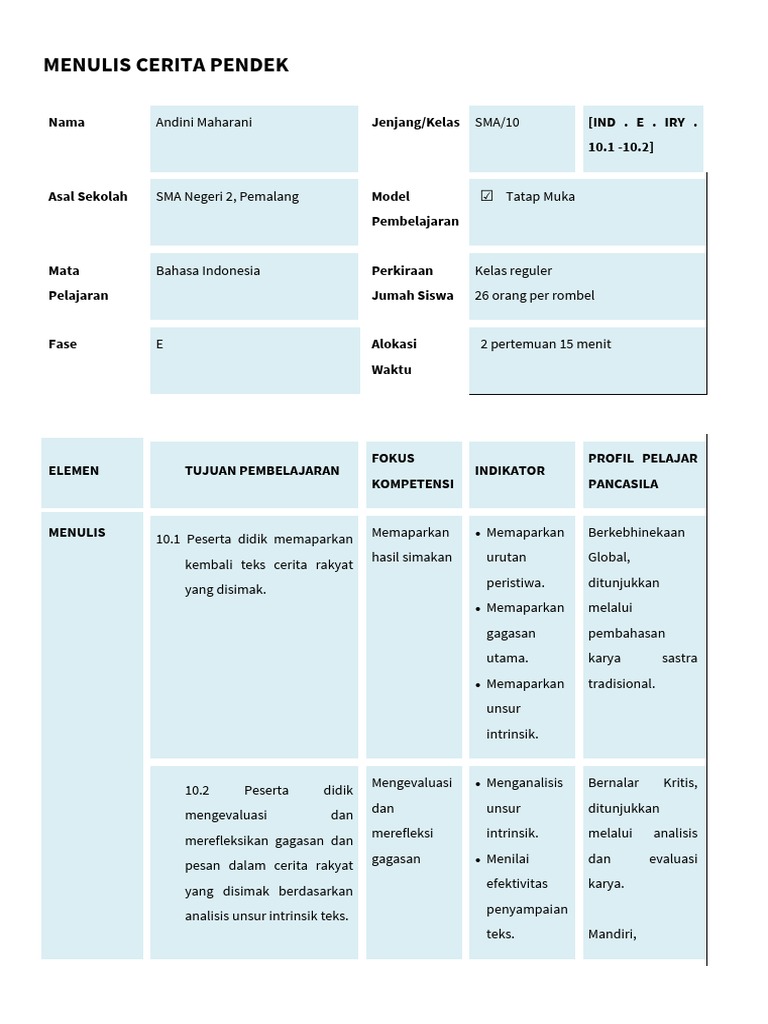 Modul Ajar - IND - Andini M - SMA - E - MenulisCERPEN | PDF