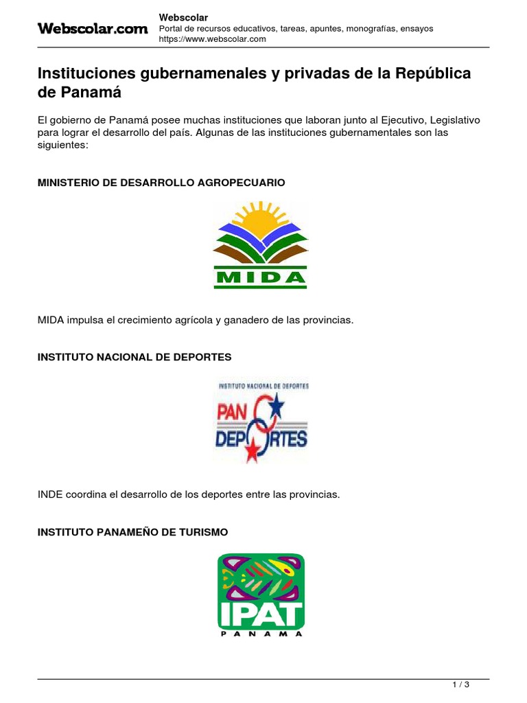 Instituciones Gubernamenales y Privadas de La Republica de Panama | PDF