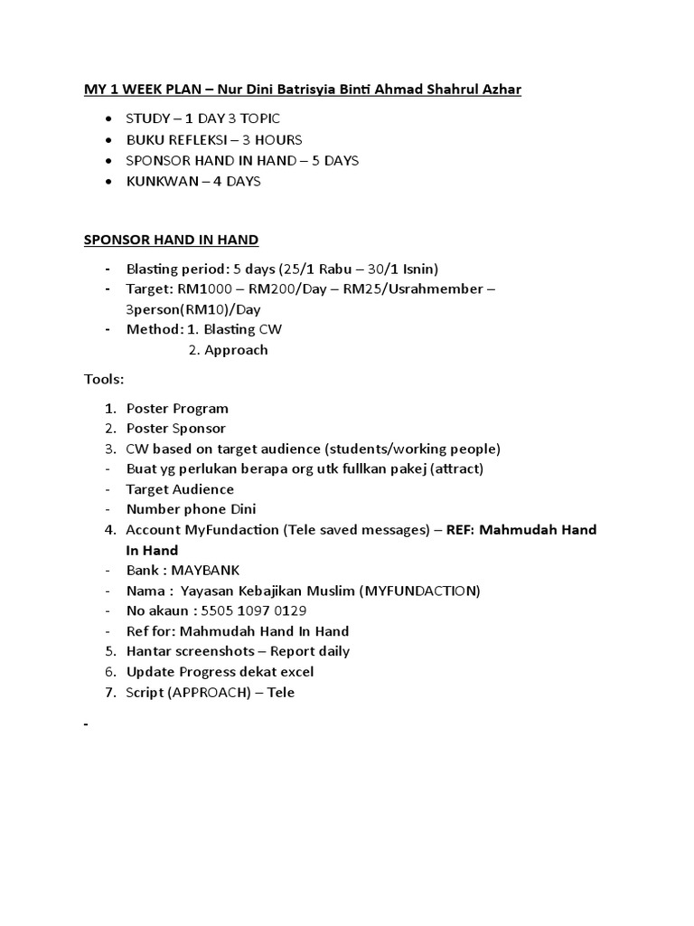 MY 1 WEEK PLAN - Nur Dini Batrisyia Binti Ahmad Shahrul Azhar | PDF