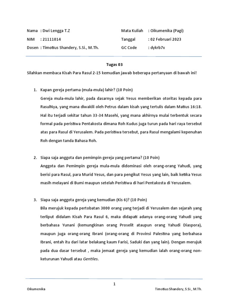 03 Tugas Gereja Mula Mula Pagi | PDF