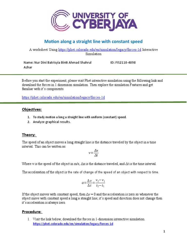LAB REPORT 1 Motion Along Straight Line With Constant Speed | PDF | Force | Velocity