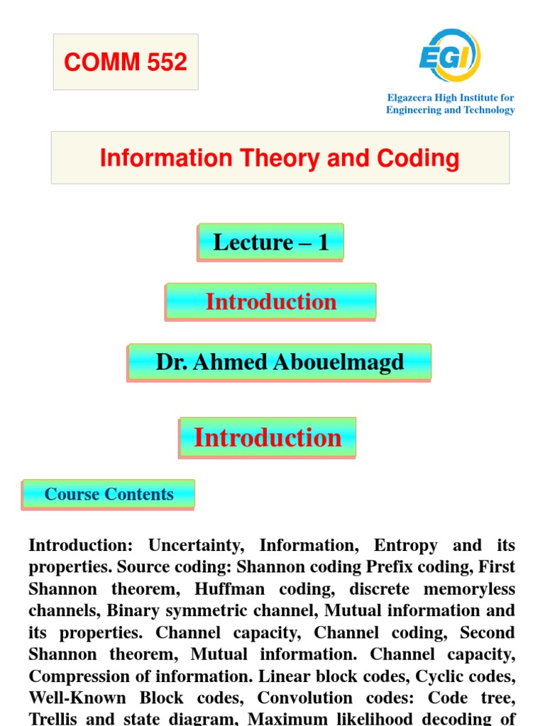 Lec.1n - COMM 552 Information Theory and Coding | PDF | Information | Telecommunications