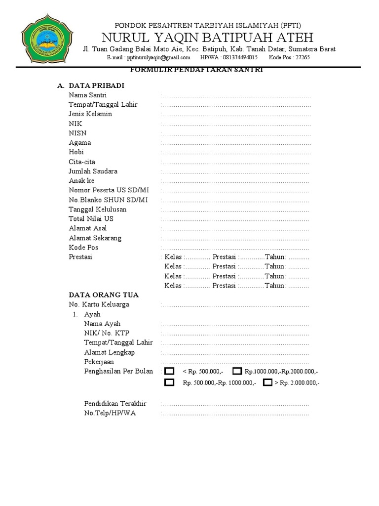 Formulir Pendaftaran Santri Fix | PDF