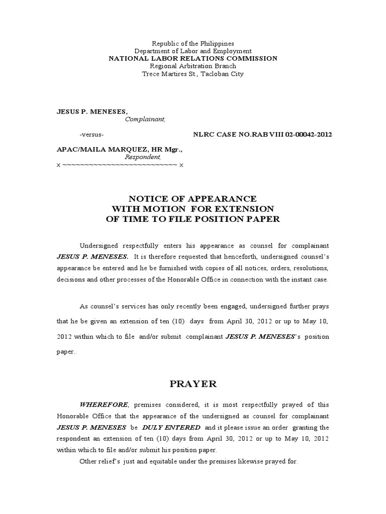 Enter of Appearance With Motion For Extension of Time To File Counter Affidavit | PDF | Dispute ...