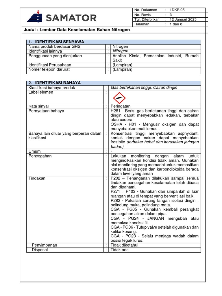 LDKB 05 Lembar Data Keselamatan Bahan Nitrogen 12-01-23 | PDF