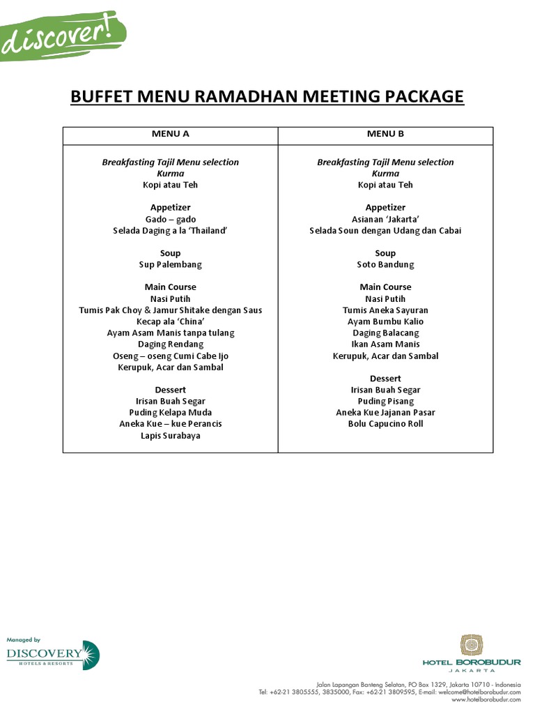 Buffet Menu Ramadhan Meeting Package: Menu A Menu B | PDF