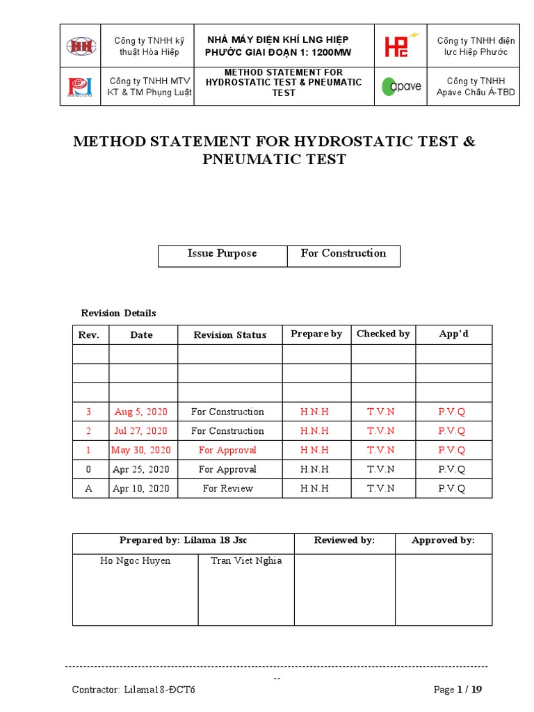Method Statement For Hydrostatic Test & Pneumatic Test: Issue Purpose ...