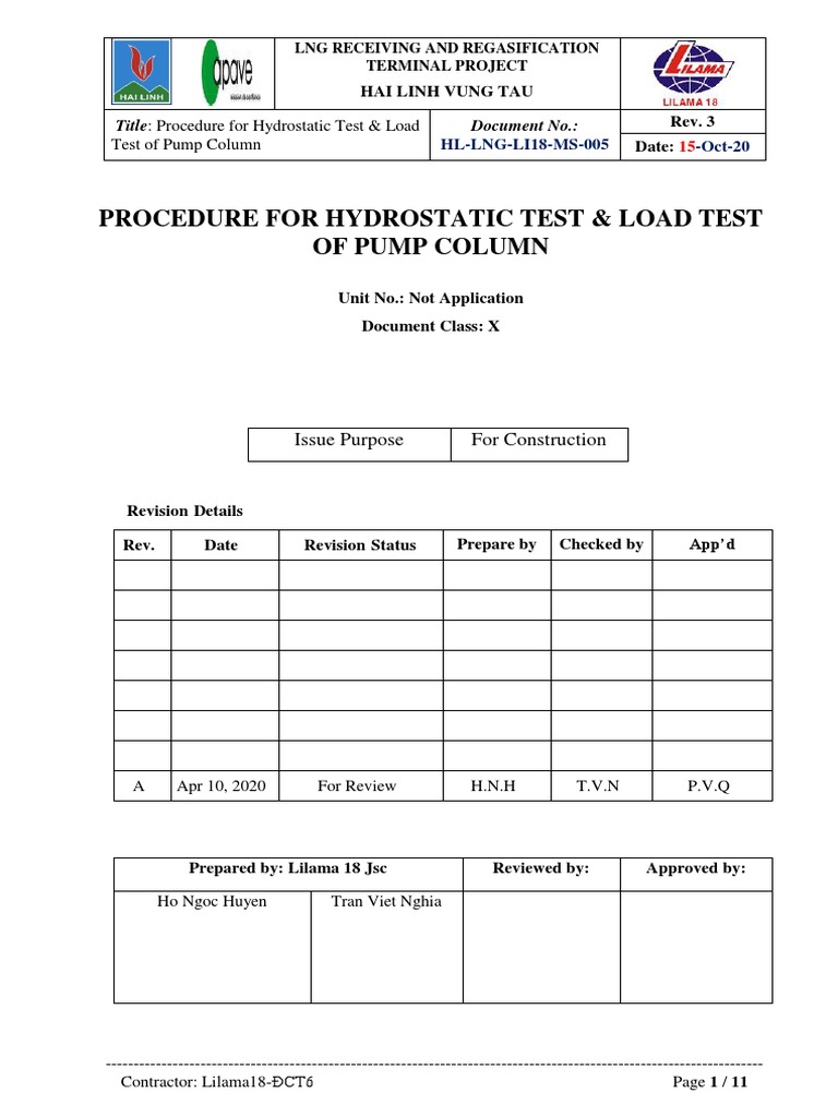 Procedure For Hydrostatic Test & Load Test of Pump Column | PDF ...
