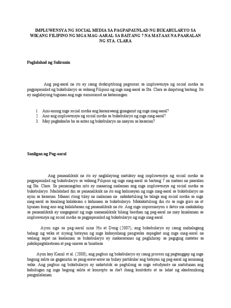 Impluwensya NG Social Media Sa Pagpapaunlad NG Bukabularyo Sa Wikang Filipino NG Mga Mag | PDF