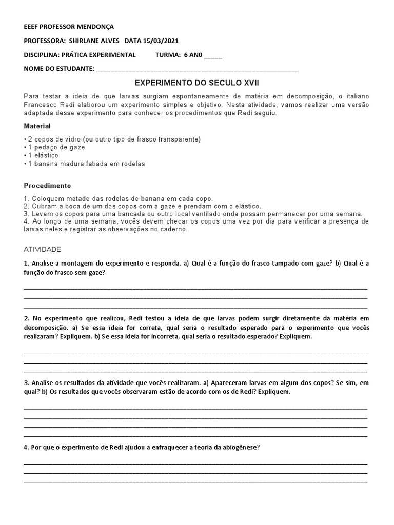 Experimento de Redi sobre geração espontânea | PDF | Abiogênese