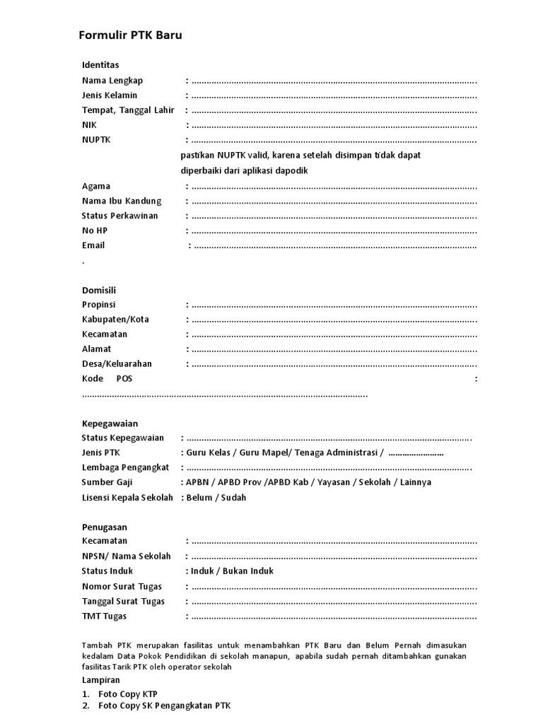 Formulir PTK Baru Dapodik | PDF