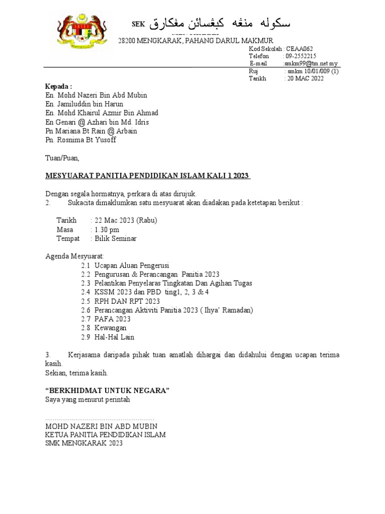 Surat Mesyuarat Panitia Pend. Islam 1 2022 | PDF