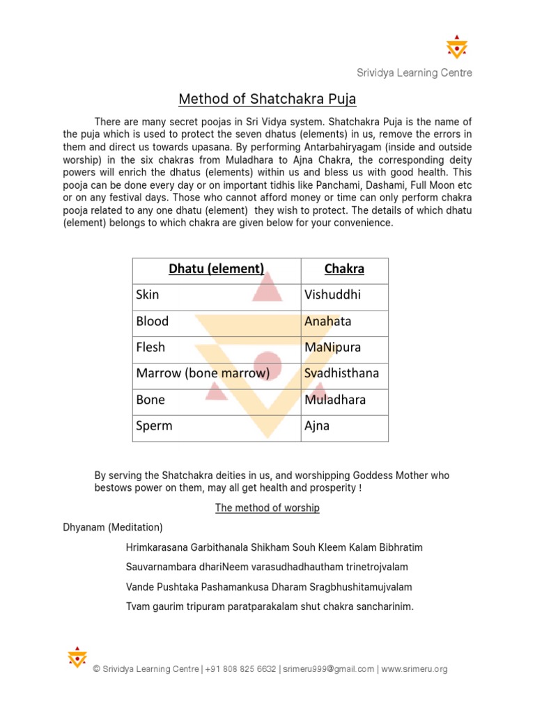 Method of Shatchakra Puja: Dhatu (Element) Chakra | PDF | Devi | Yoga