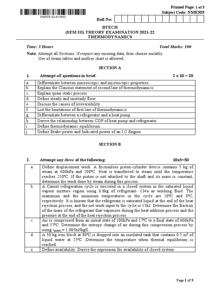 BTech Thermodynamics Exam Solutions | PDF | Heat | Thermodynamics