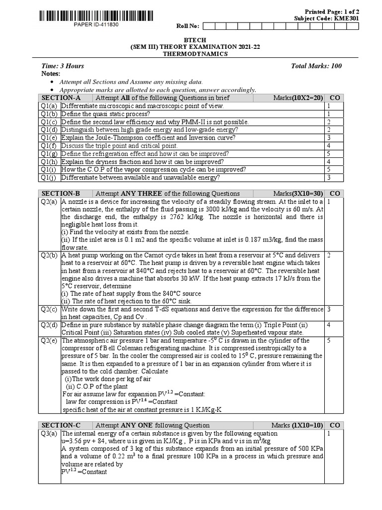 BTech Thermodynamics Exam Paper 2021-22 | PDF | Heat | Heat Pump