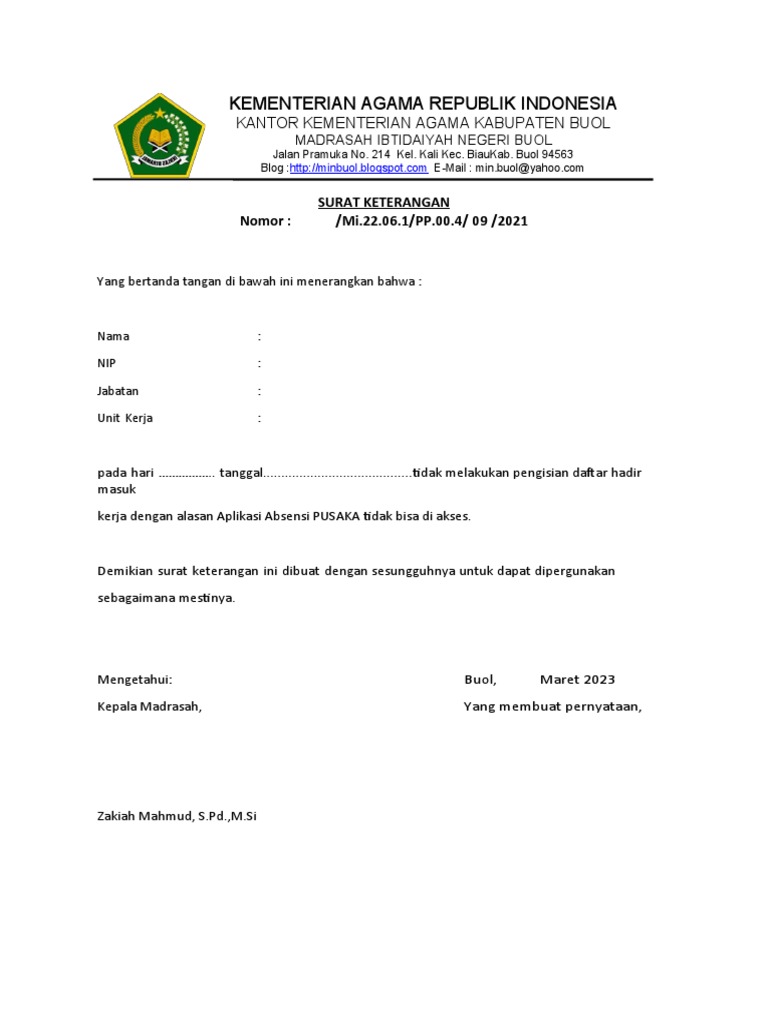 Surat Keterangan Lupa Absen PNS | PDF