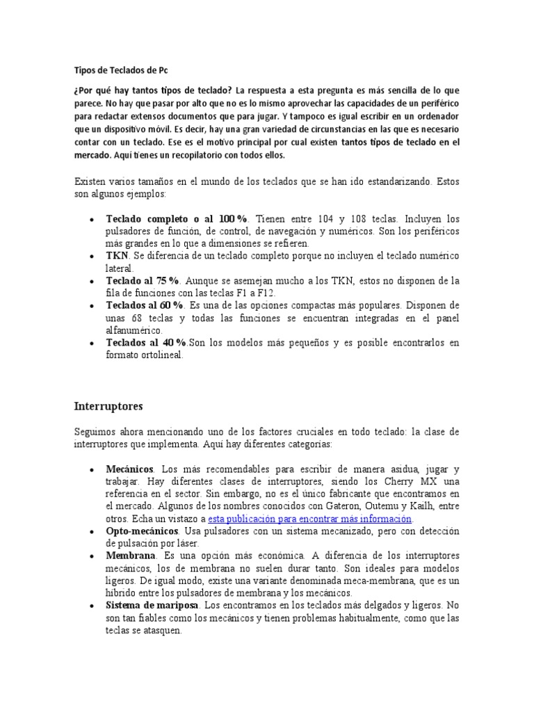 Tipos de Teclados de PC y Sus Características | PDF | Teclado | Periférico