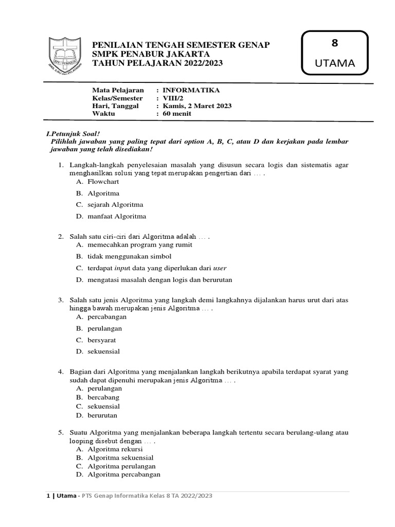 SOAL UTAMA PTS Genap Informatika Kelas 8 TA 2022-23 | PDF | Metode & Bahan Ajar | Komputer