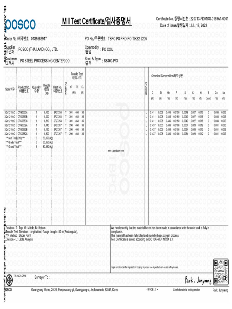 Mill Sheet SS400P T 3.2 Mm. | PDF