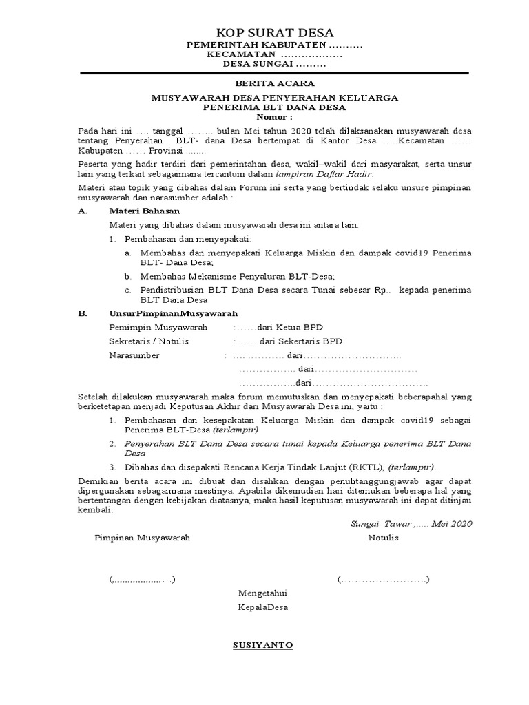 Berita Acara Penyerahan Blt Dana Desa Pdf