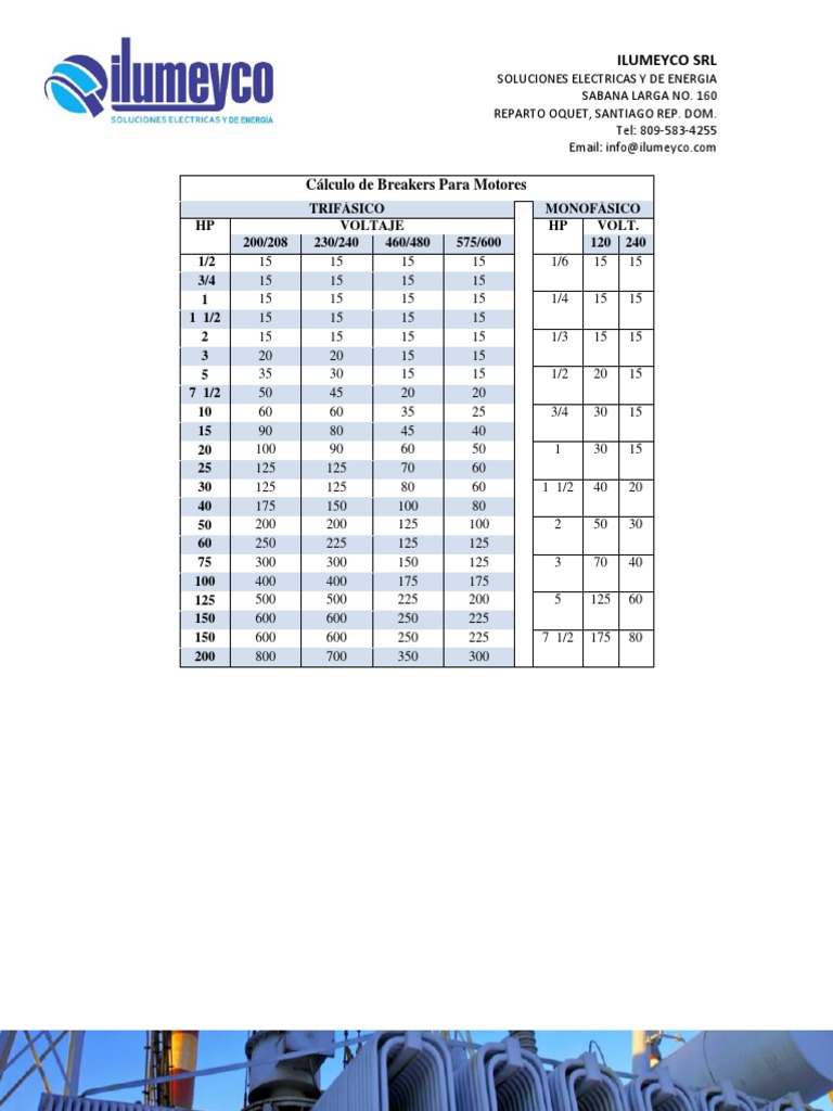 Tabla Calculo de Breakers para Motores Monofasicos y Trifasicos | PDF