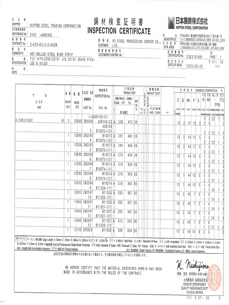 Mill Sheet SS400P T 4.5 Mm. | PDF