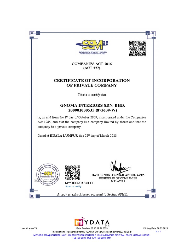 Certificate of Incorporation of Private Company: Companies Act 2016 ...