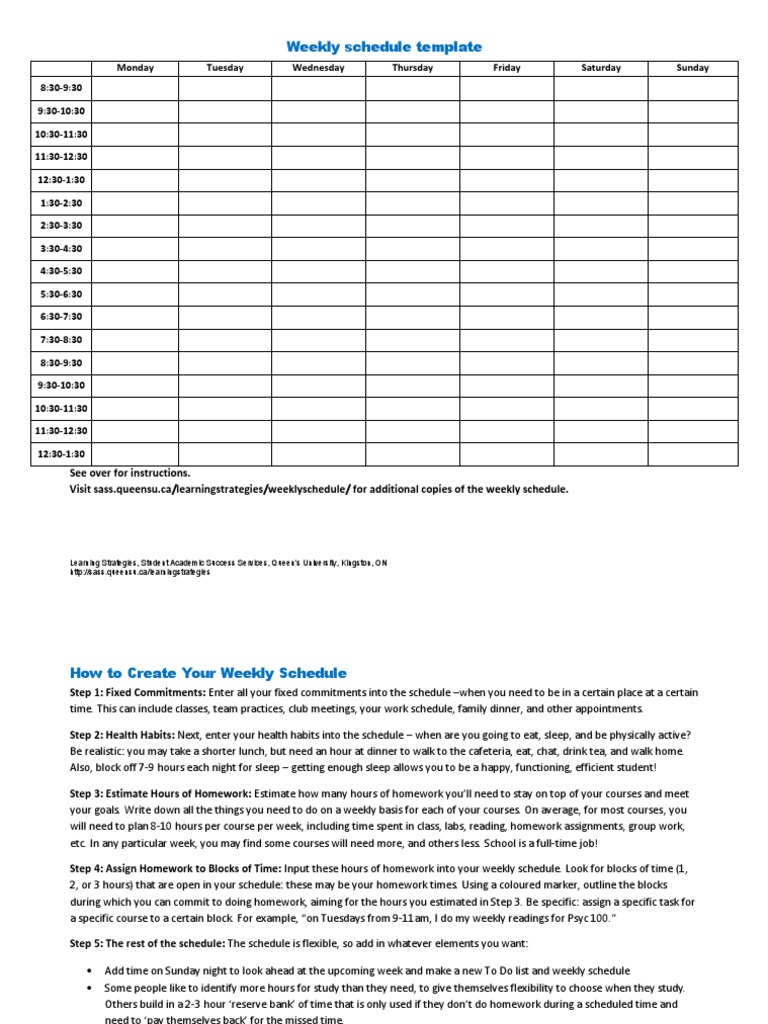 Weekly Schedule Template | PDF | Homework