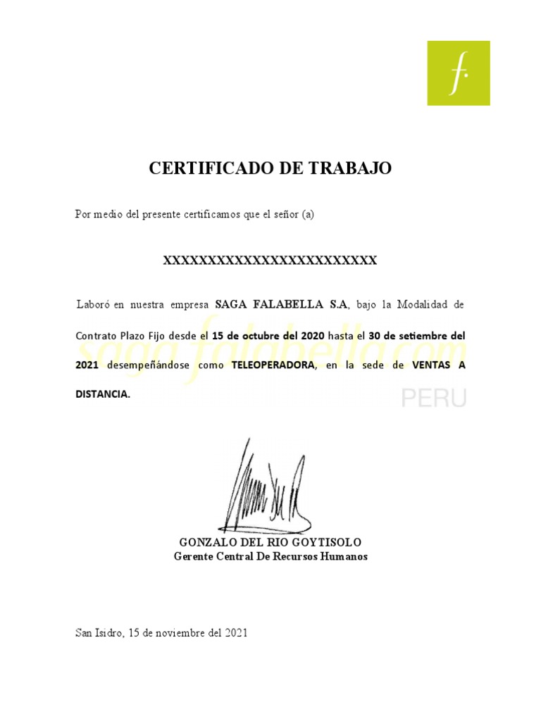 Certificado Saga Falabella | PDF