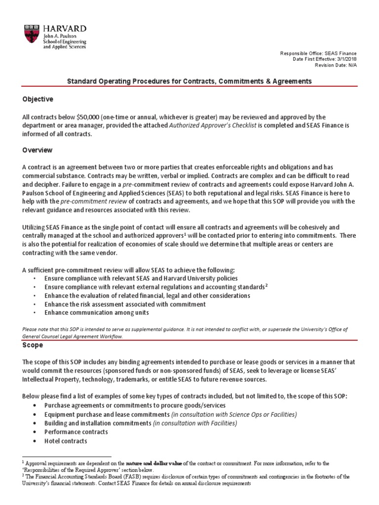 Standard Operating Procedures For Contracts Commitments and Agreements ...