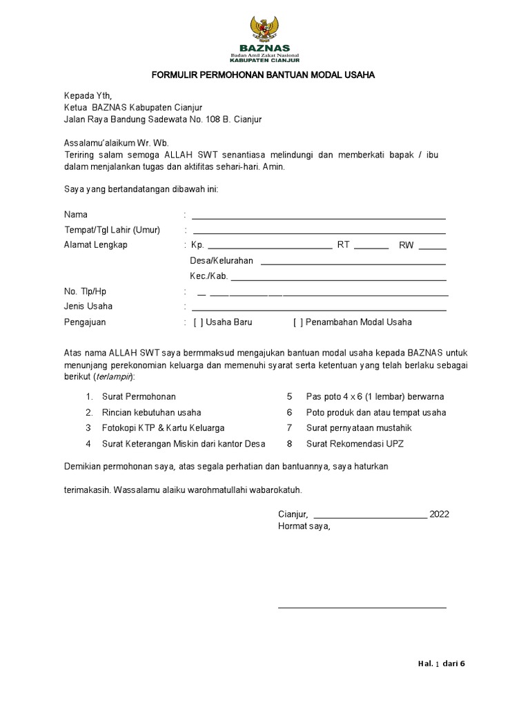 Formulir Permohonan Bantuan Modal Usaha | PDF