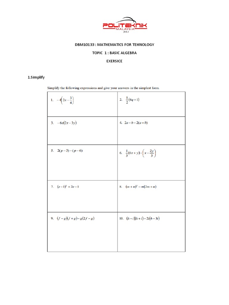 Dbm10133: Mathematics For Tehnology Topic 1: Basic Algebra Exersice | PDF
