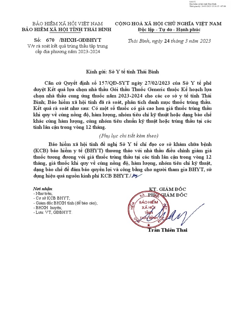 670-BHXH-GĐBHYT- Rà soát kết quả trúng thầu tập trung cấp địa phương 2023-2024 | PDF