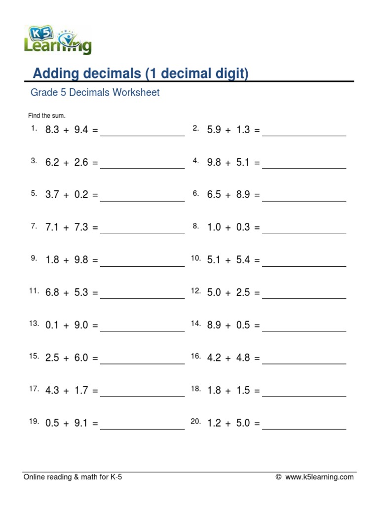 Grade 5 Adding Decimals 1 Digit C | PDF | Teaching Methods & Materials