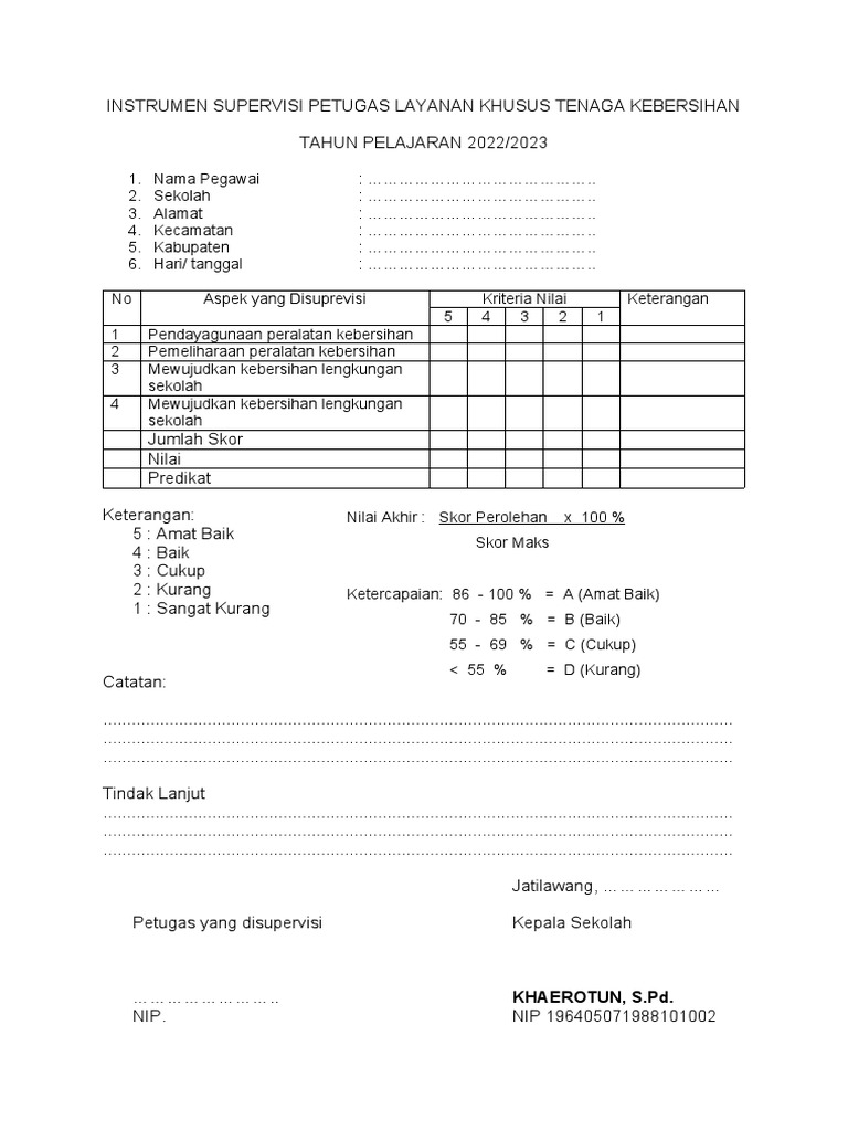 Instrumen Supervisi Tenaga Kependidikan | PDF