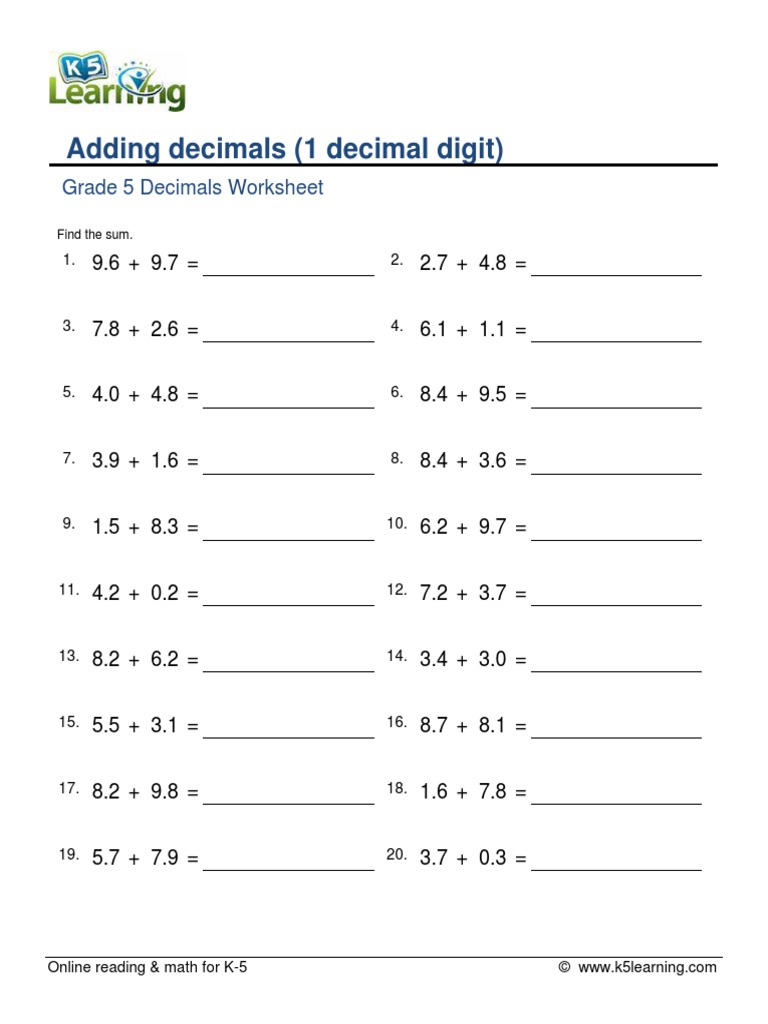 Grade 5 Adding Decimals 1 Digit A | PDF