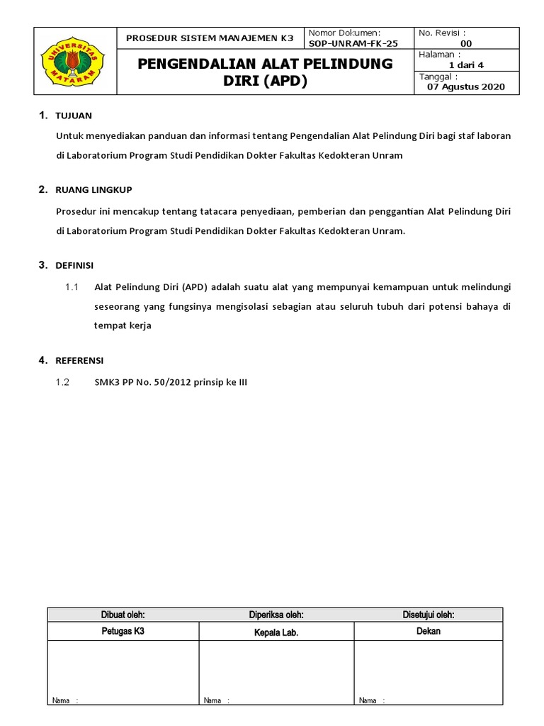 Pengendalian Alat Pelindung Diri (Apd) : 1. Tujuan | PDF