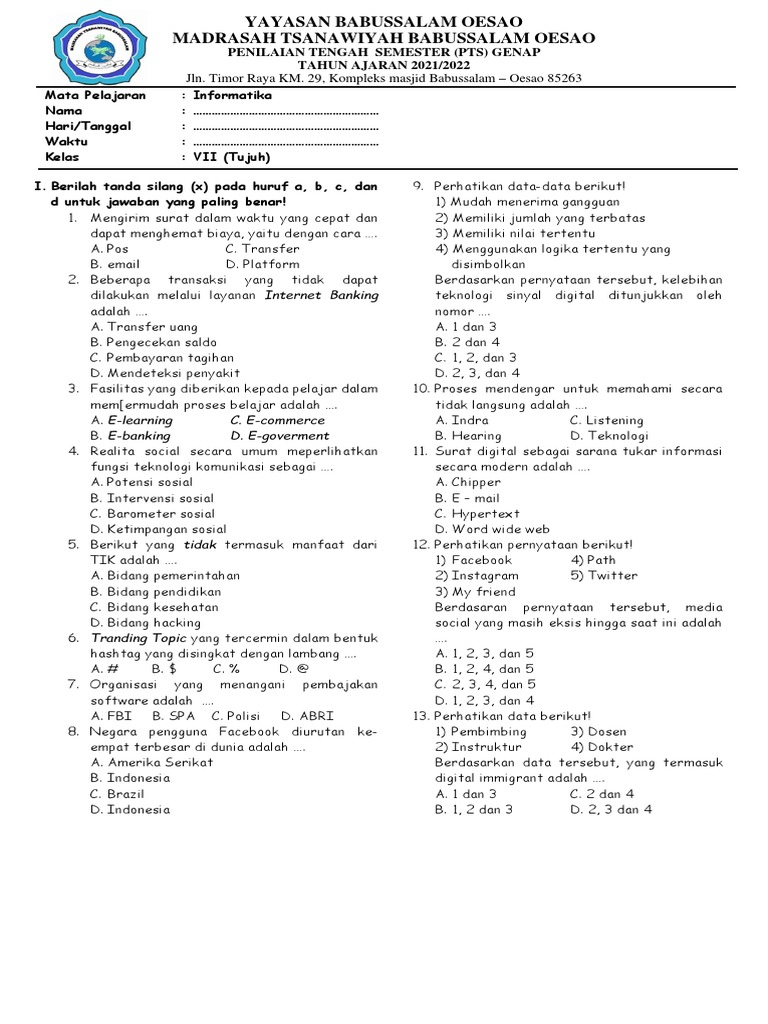 Soal Pts Genap Informatika Kelas 7 | PDF | Seni