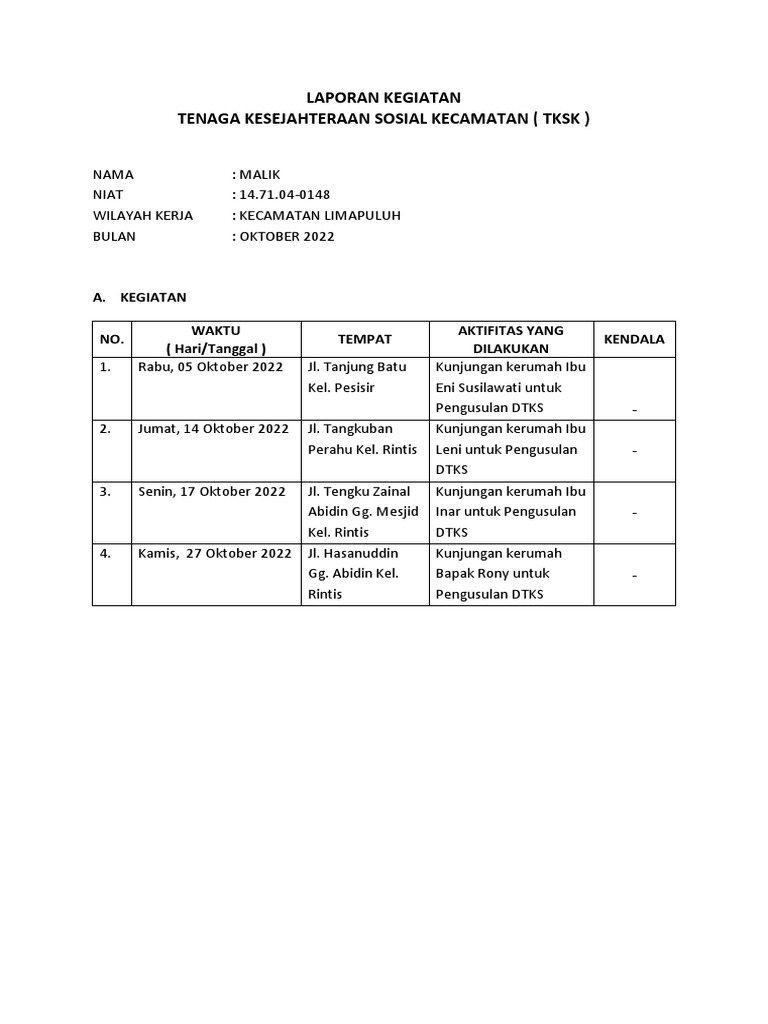 Laporan Kegiatan TKSK Limapuluh Oktober 2022 | PDF