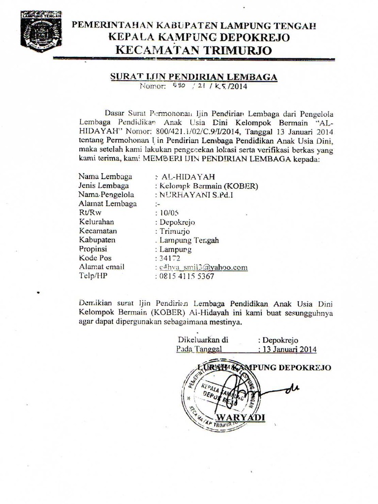 Surat Ijin Pendirian Lembaga | PDF