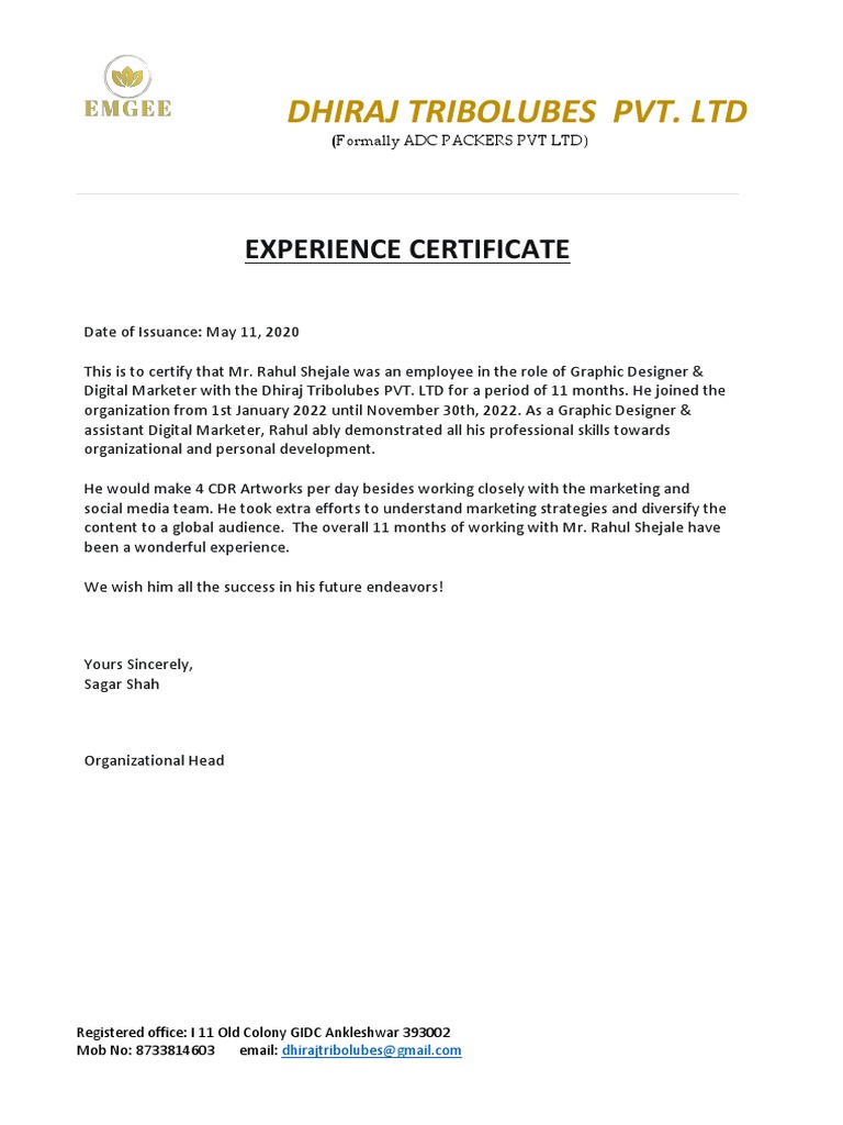Dhiraj Tribolubes Pvt. LTD: Experience Certificate | PDF