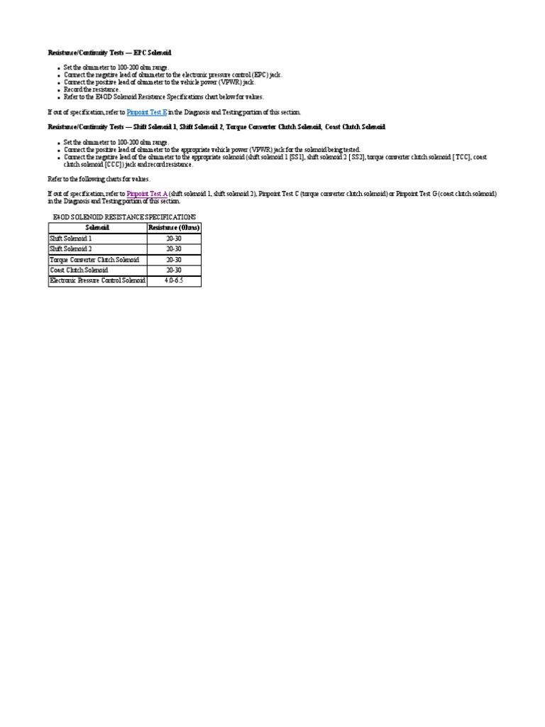 E4OD Solenoid Resistance Testing Guide | PDF